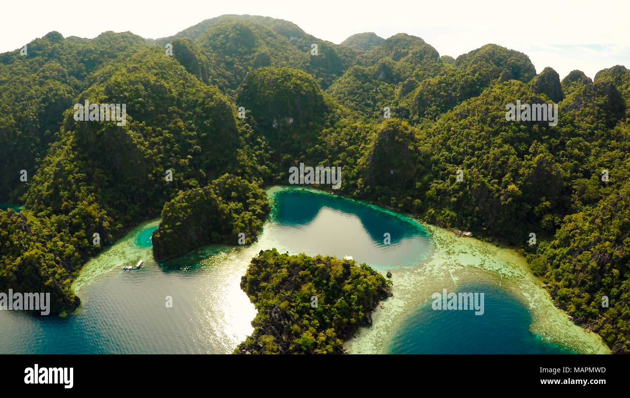 Coron, Palawan, Philippines, aerial view of beautiful Twin lagoon and ...