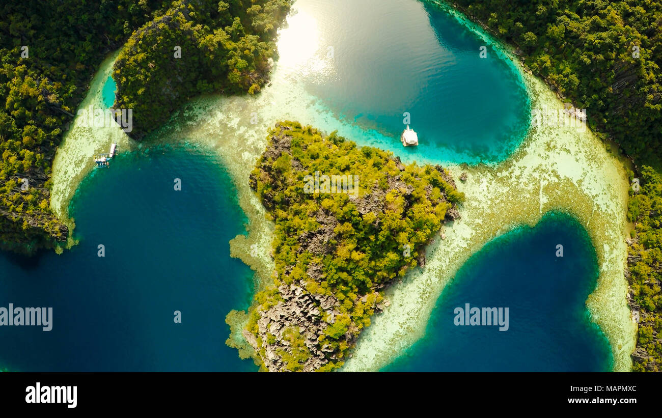 Coron, Palawan, Philippines, aerial view of beautiful Twin lagoon and ...