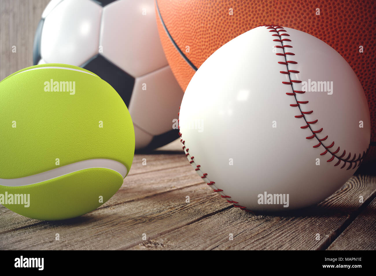 3d rendering sport balls on wooden backgorund. Set of sport balls ...