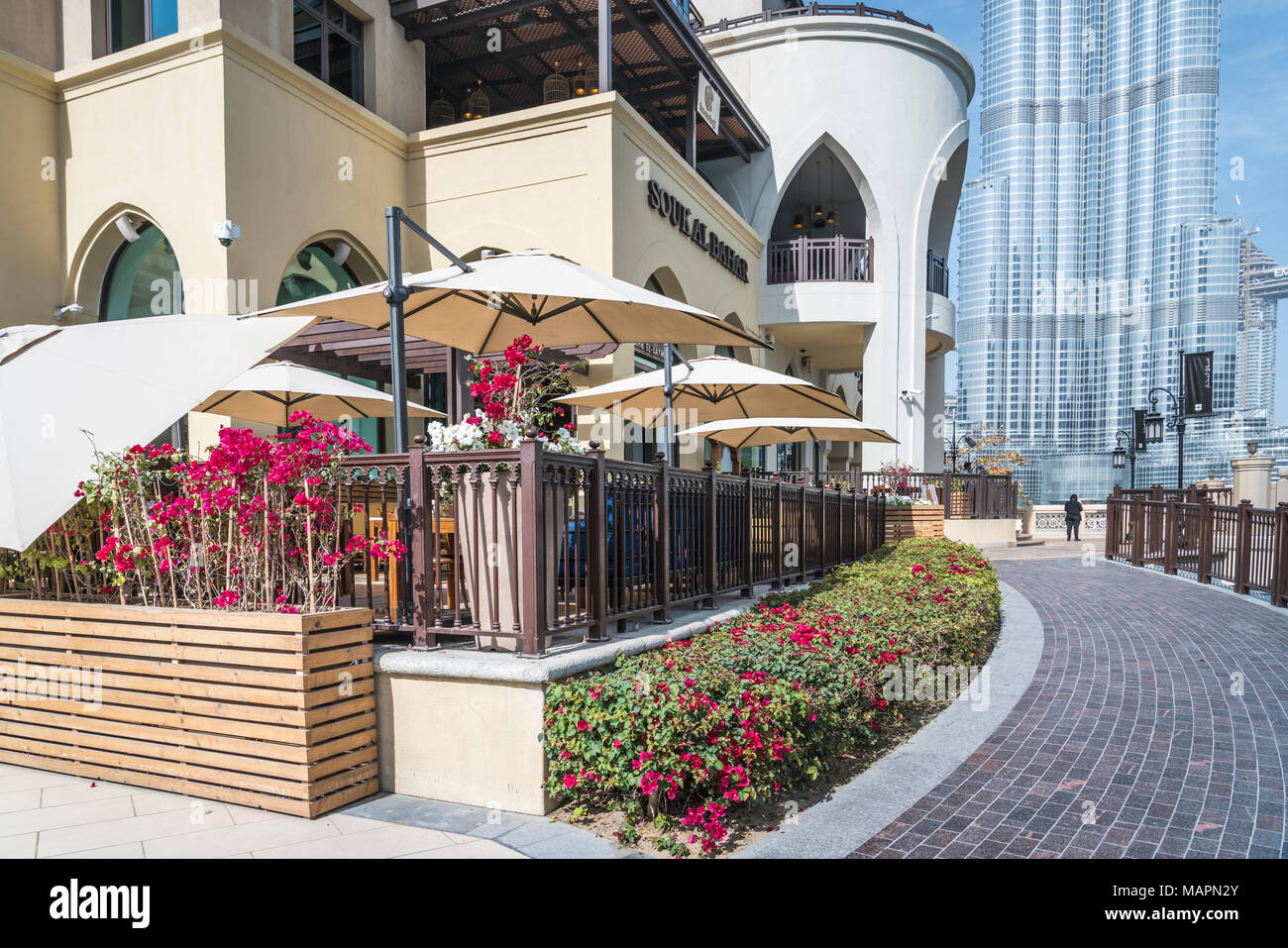 An outdoor restaurant near the Burj Khalifa in downtown Dubai, UAE ...