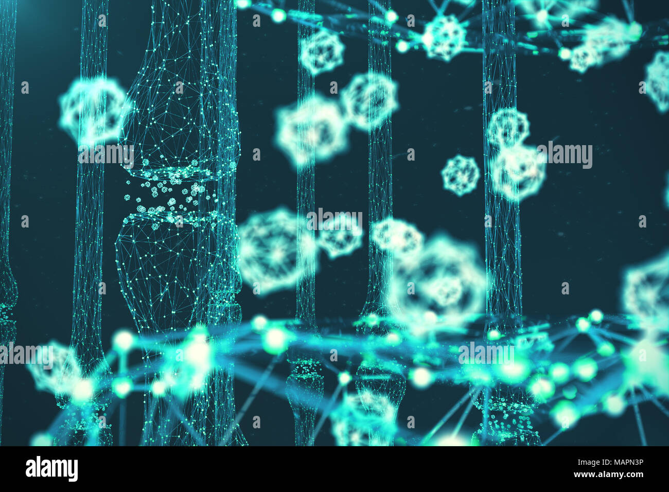 Blue glowing synapse. Artificial neuron in concept of artificial intelligence. Synaptic ...