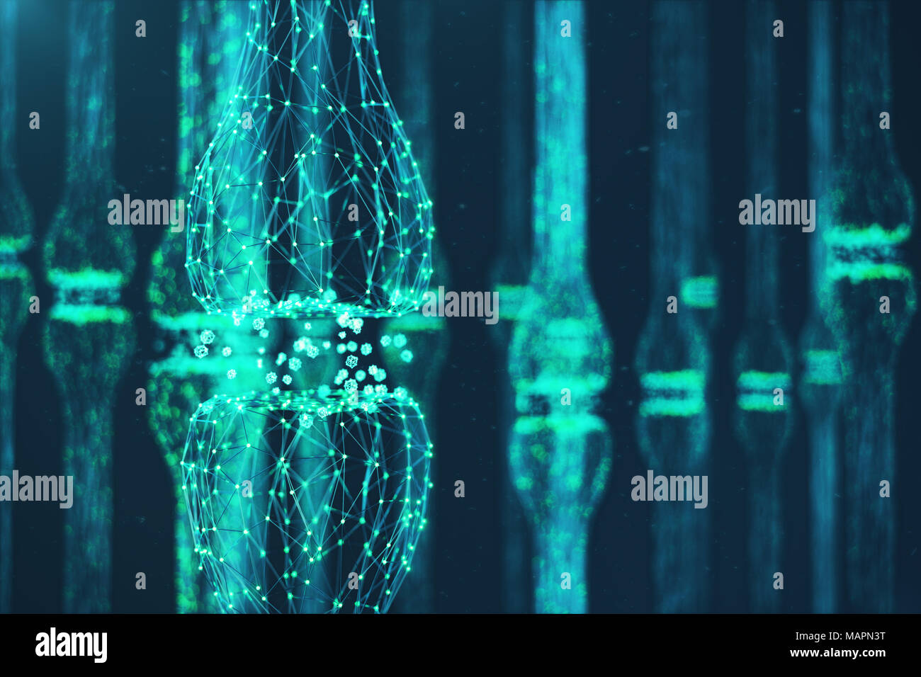 Blue glowing synapse. Artificial neuron in concept of artificial intelligence. Synaptic ...