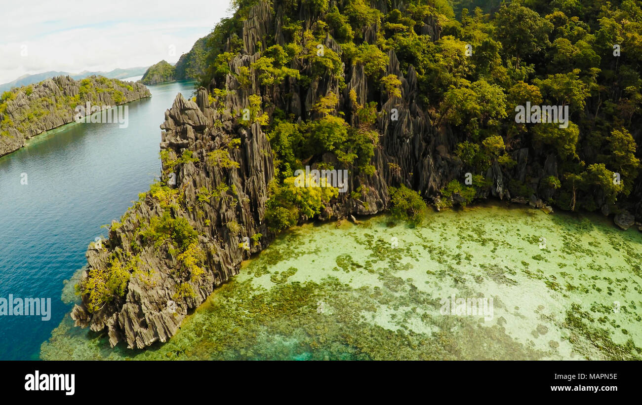 Coron, Palawan, Philippines, aerial view of beautiful Twin lagoon and ...