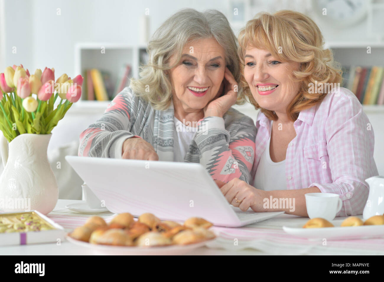 two Senior women using laptop Stock Photo - Alamy