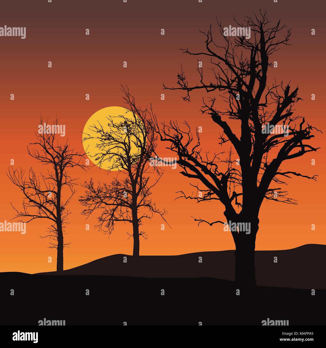 dead trees with sun or moon in background under orange sky - spooky ...