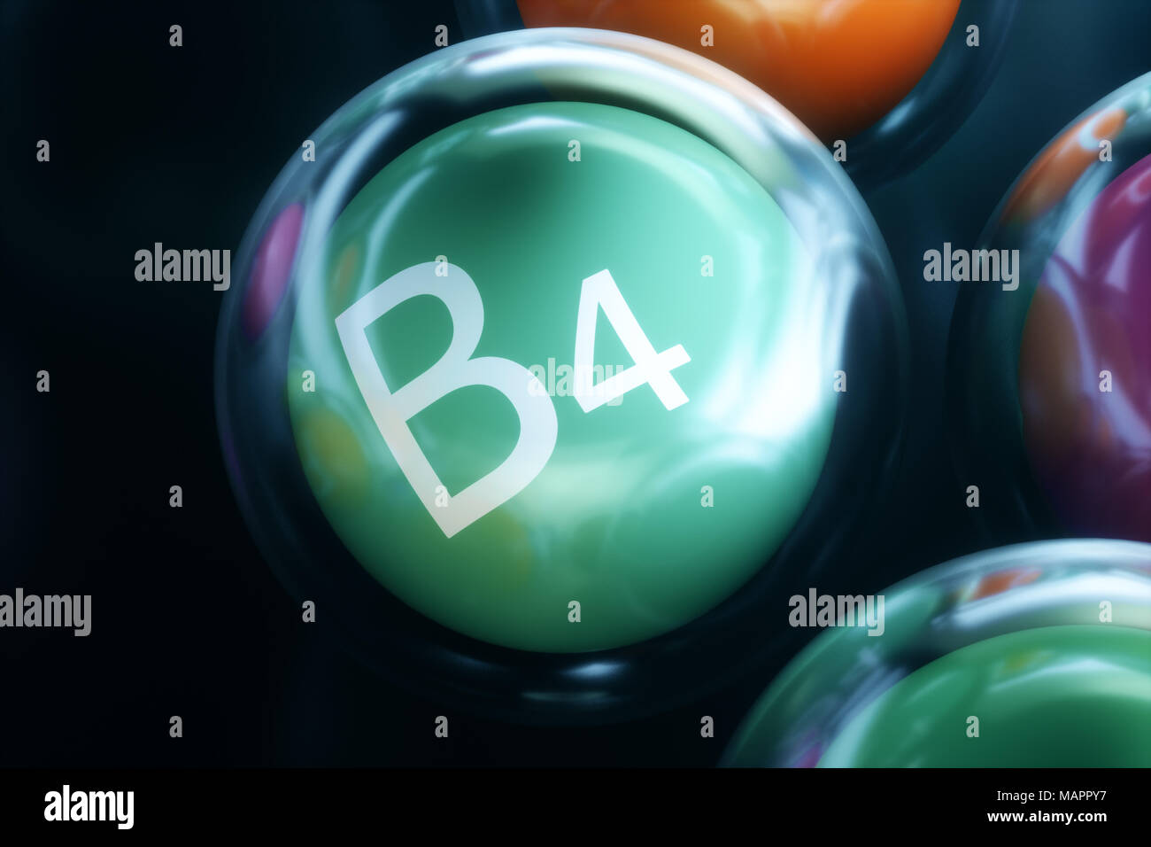 Vitamin B4, on black background. Symbol of health and longevity, 3d ...