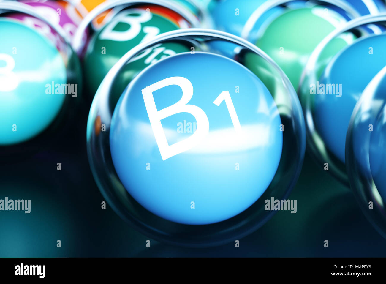 Vitamin B1, on black background. Symbol of health and longevity, 3d ...