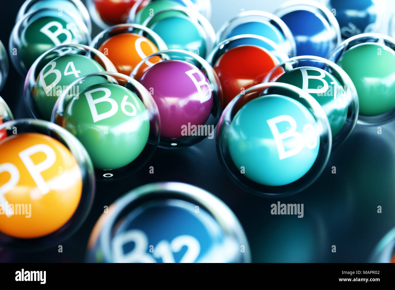 Vitamins on black background. Symbol of health and longevity, 3d ...