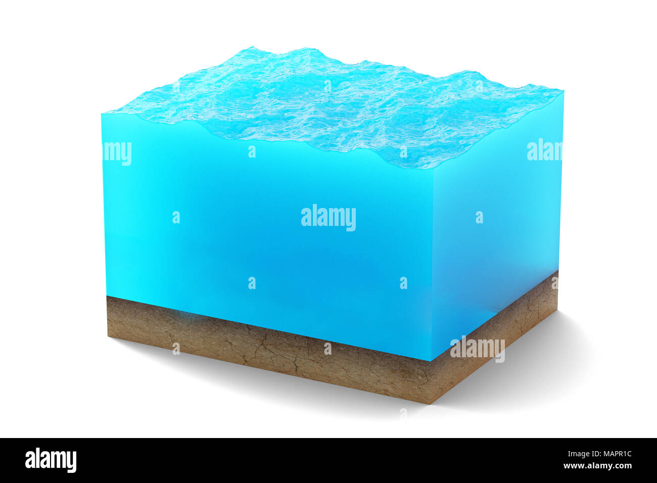 3d rendering of cross section of water cube with sandy bottom ...