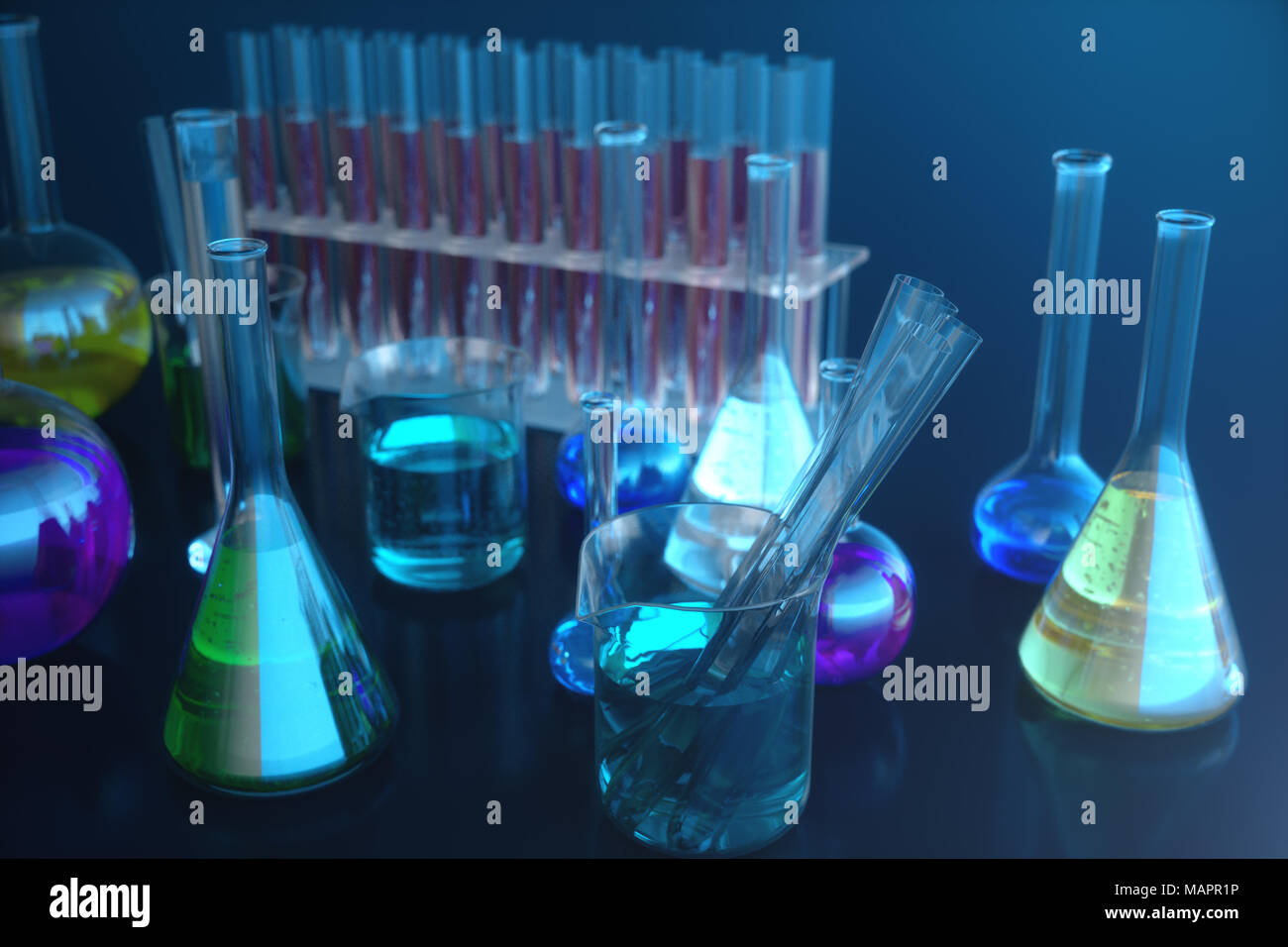 3d illustration of a chemical reaction, the concept of a scientific ...