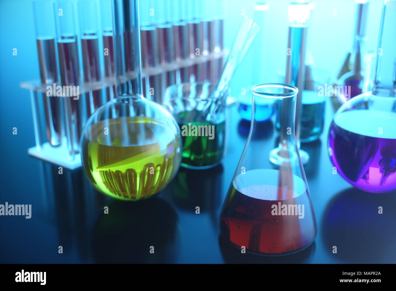 3d illustration of a chemical reaction, the concept of a scientific ...