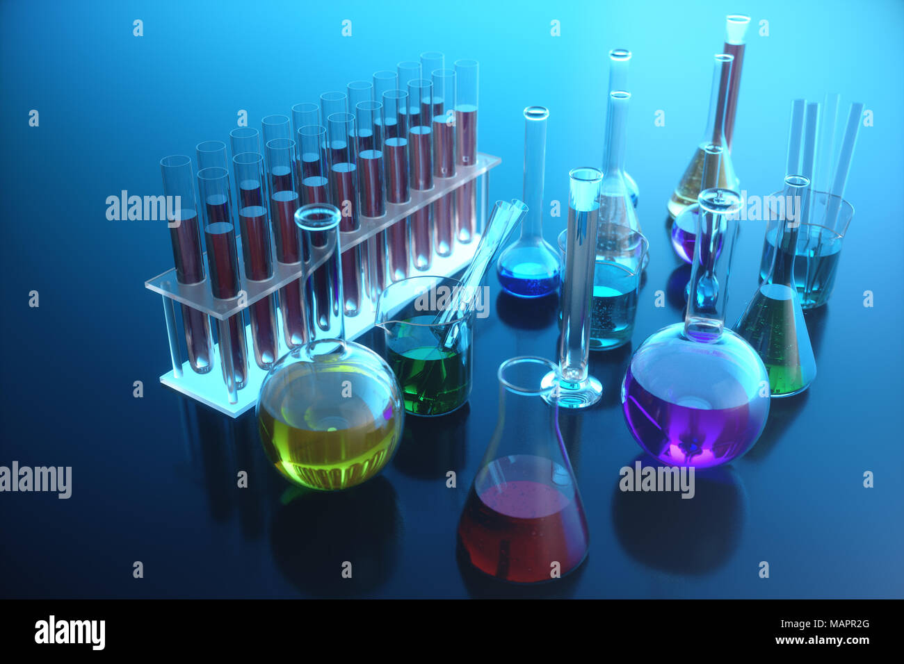 3d illustration of a chemical reaction, the concept of a scientific ...