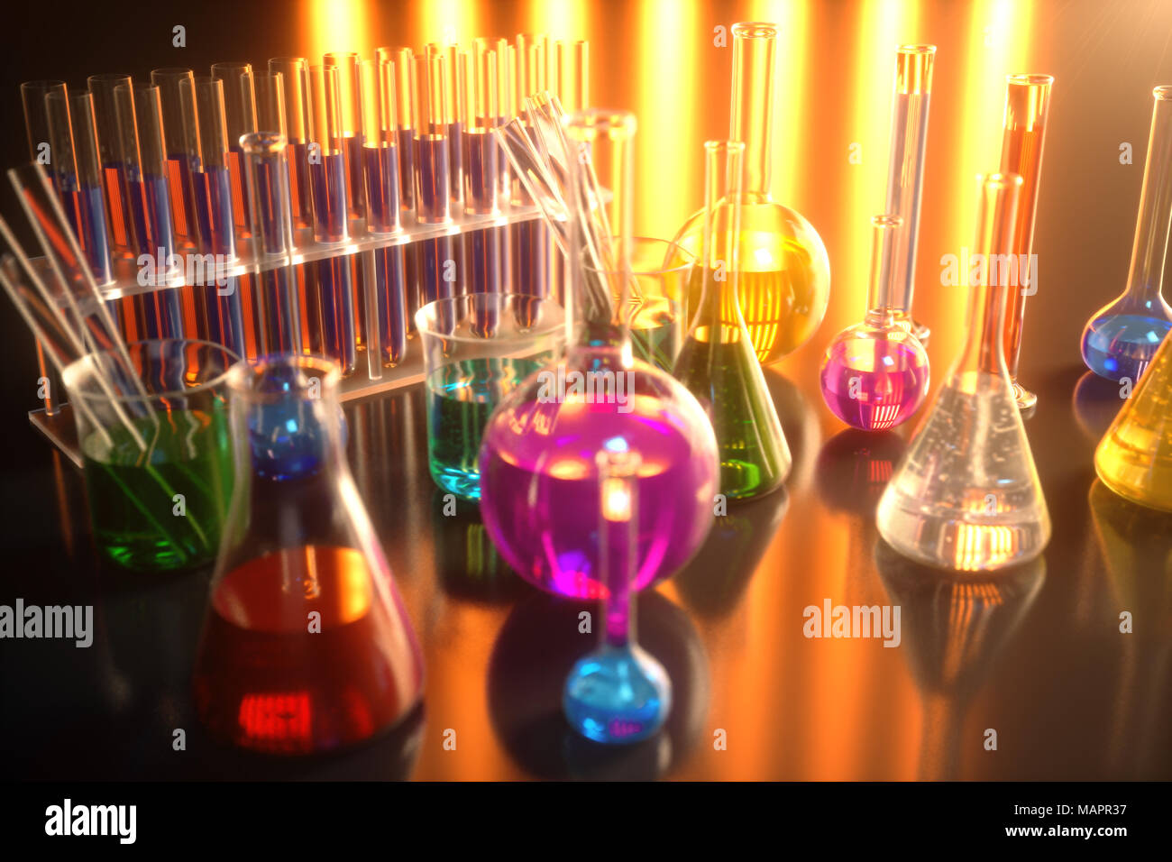 3d illustration of a chemical reaction, the concept of a scientific ...