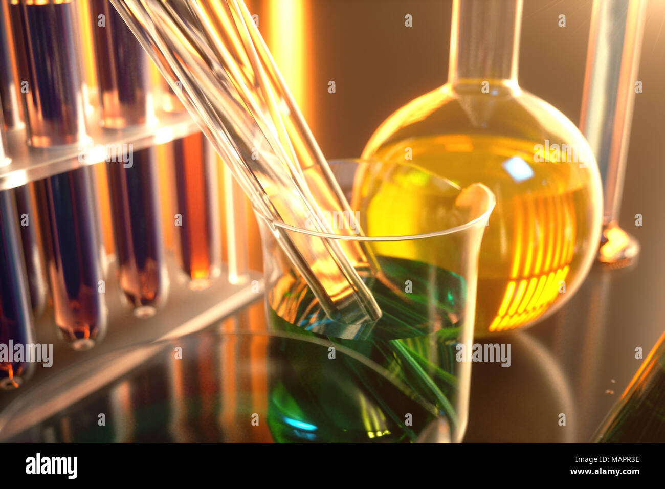3d illustration of a chemical reaction, the concept of a scientific ...