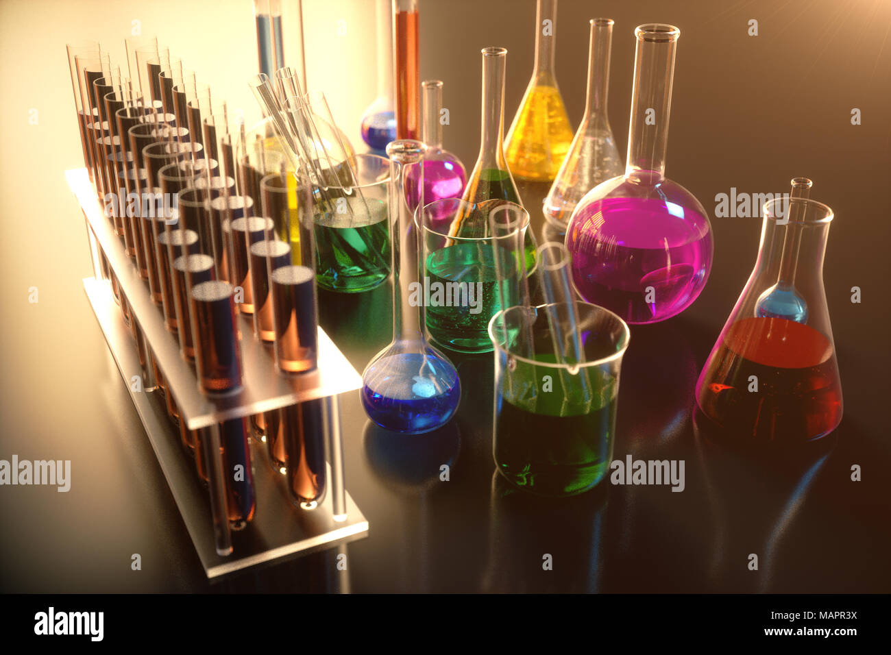 3d illustration of a chemical reaction, the concept of a scientific ...