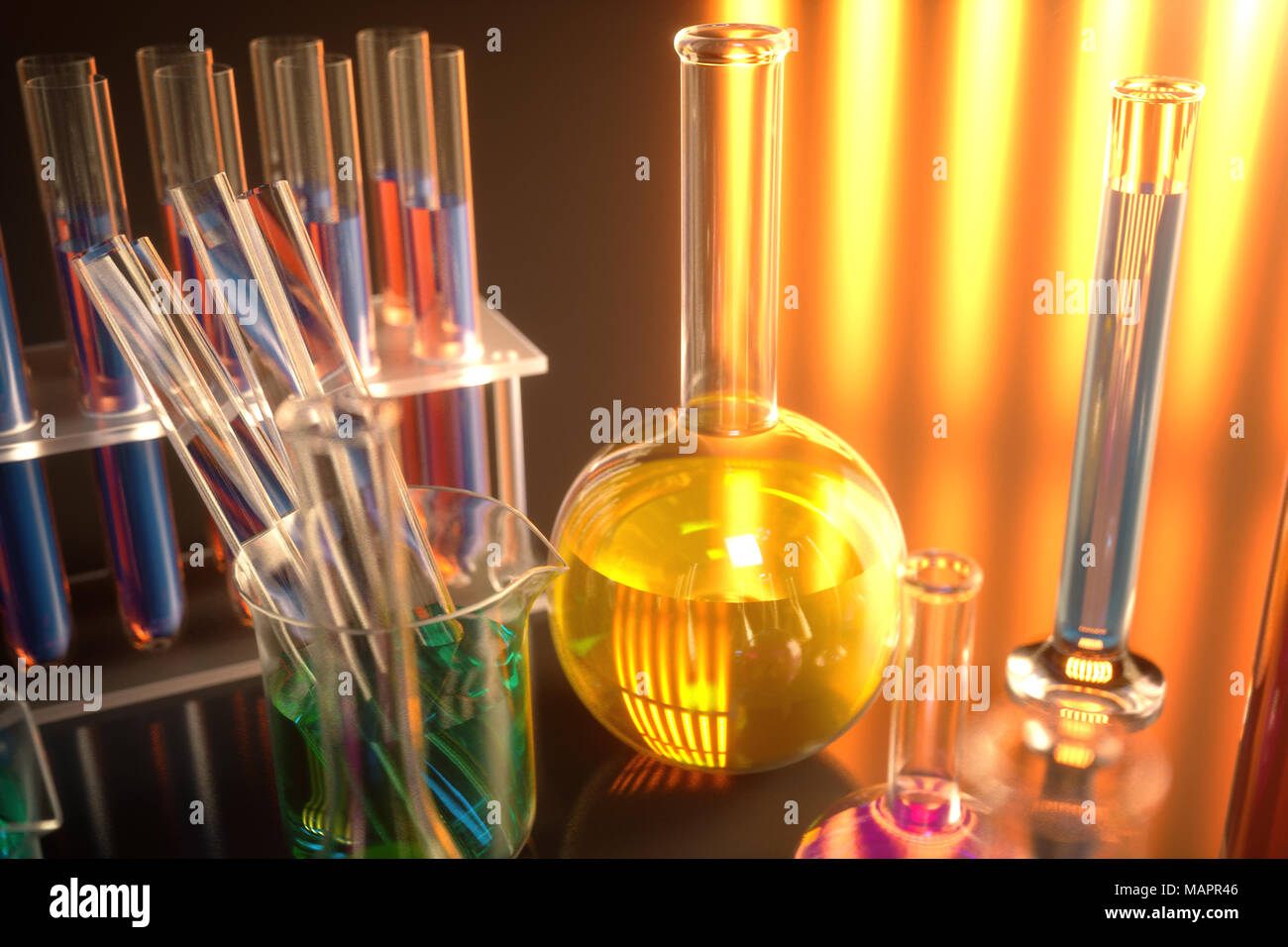 3d illustration of a chemical reaction, the concept of a scientific ...