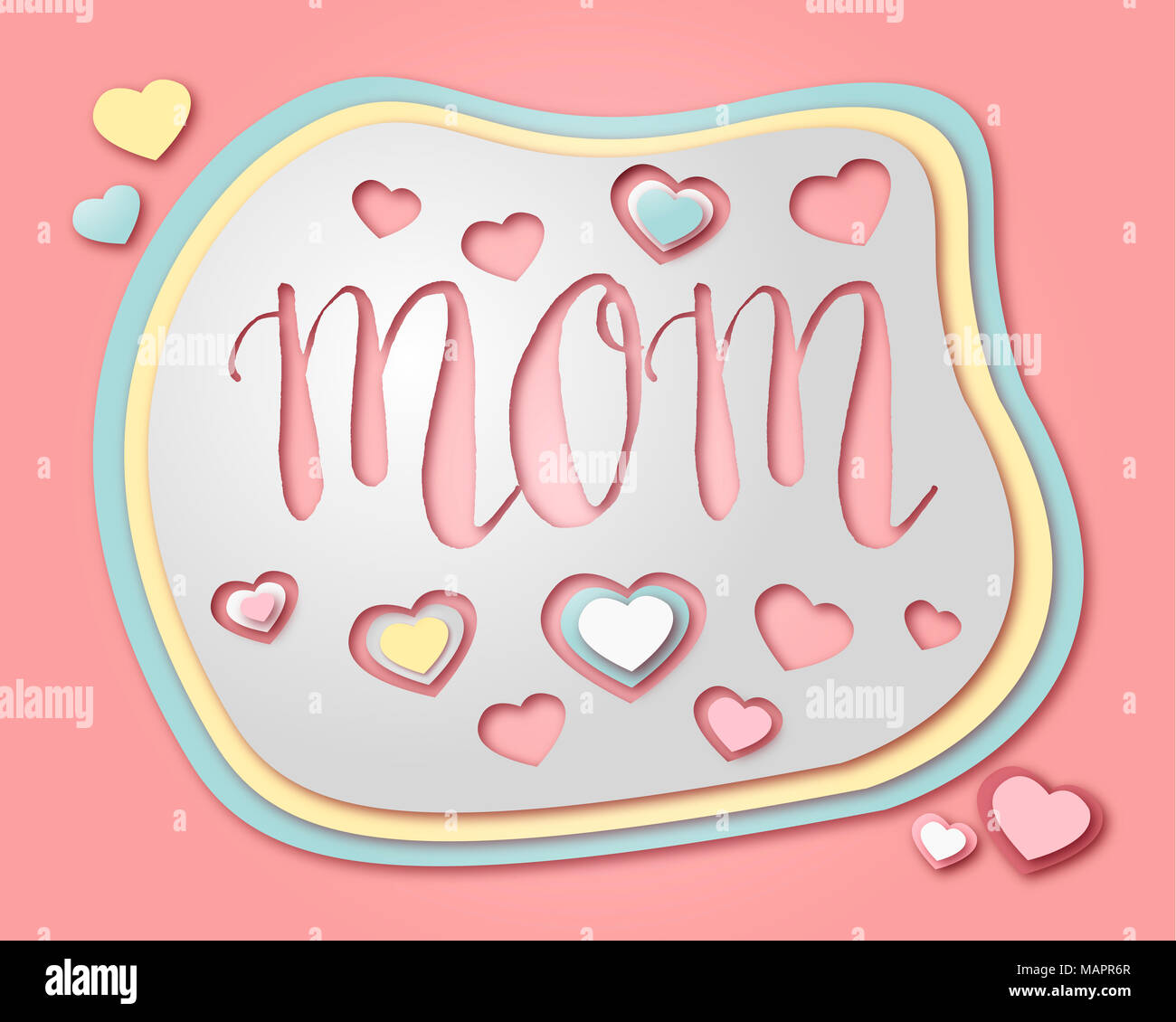 Hand drawn illustration or drawing of the word mom and some hearts in a ...
