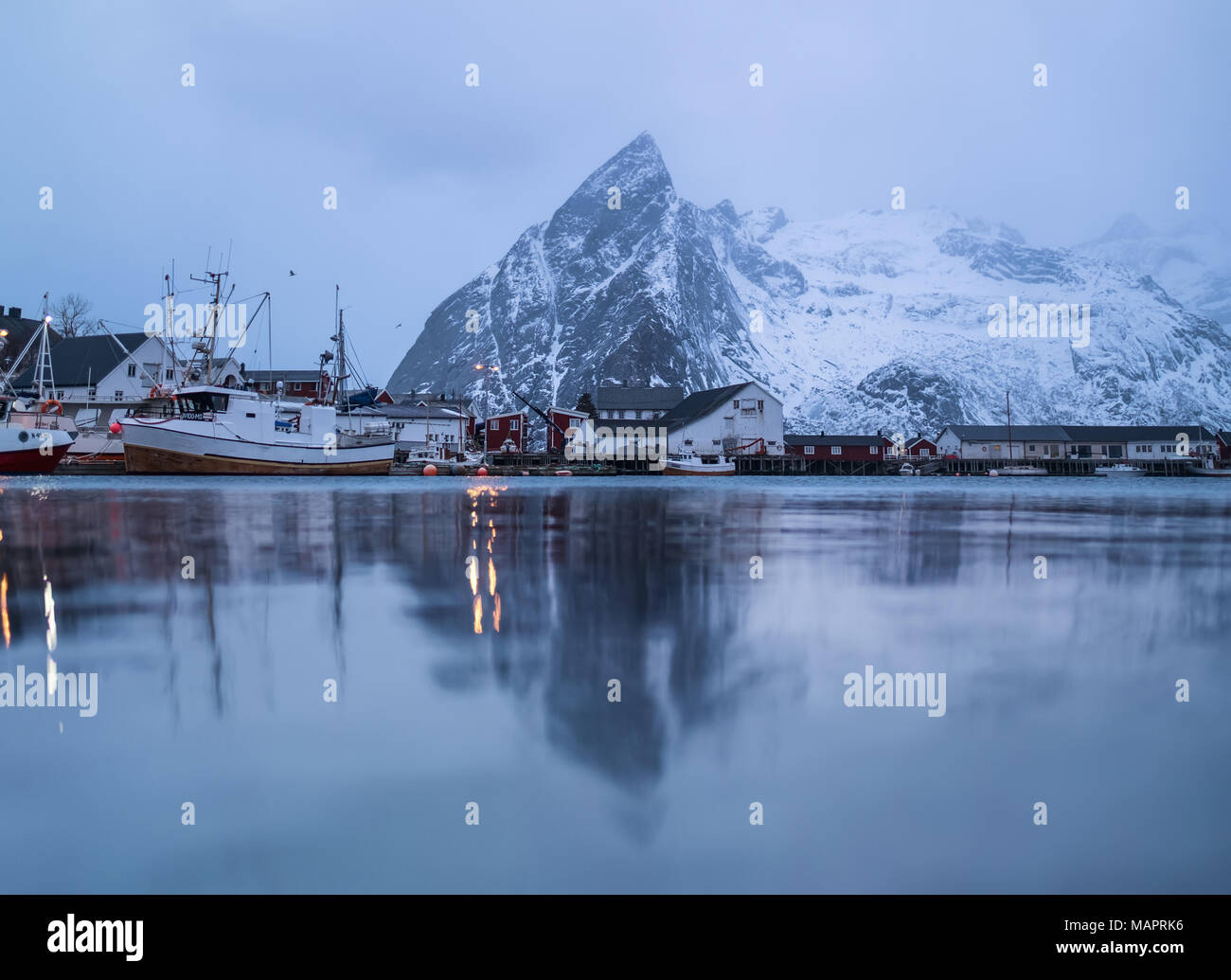 Boat in the Norway bay and reflection on water surface. Beautiful ...