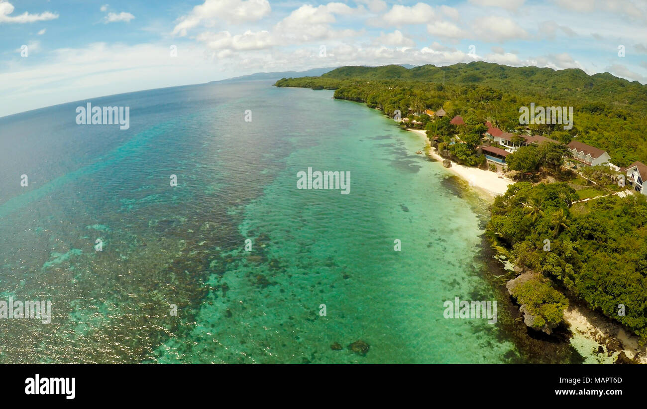 Aerial view of Bohol coast Island with boats. Aerial. Fisheye view ...
