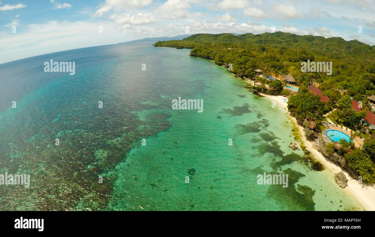 Aerial view of Bohol coast Island with boats. Aerial. Fisheye view ...