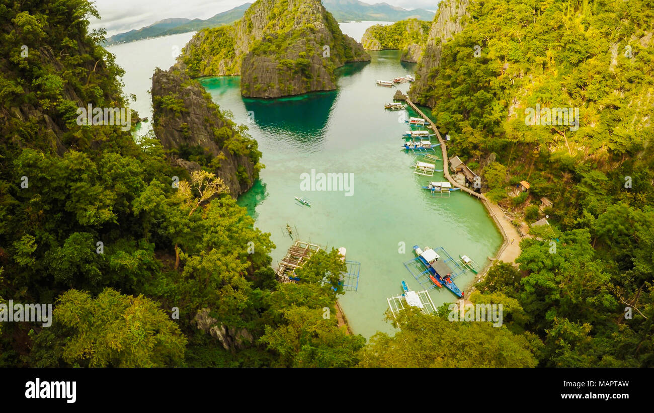 Coron, Palawan, Philippines, aerial view of beautiful Twin lagoon and ...