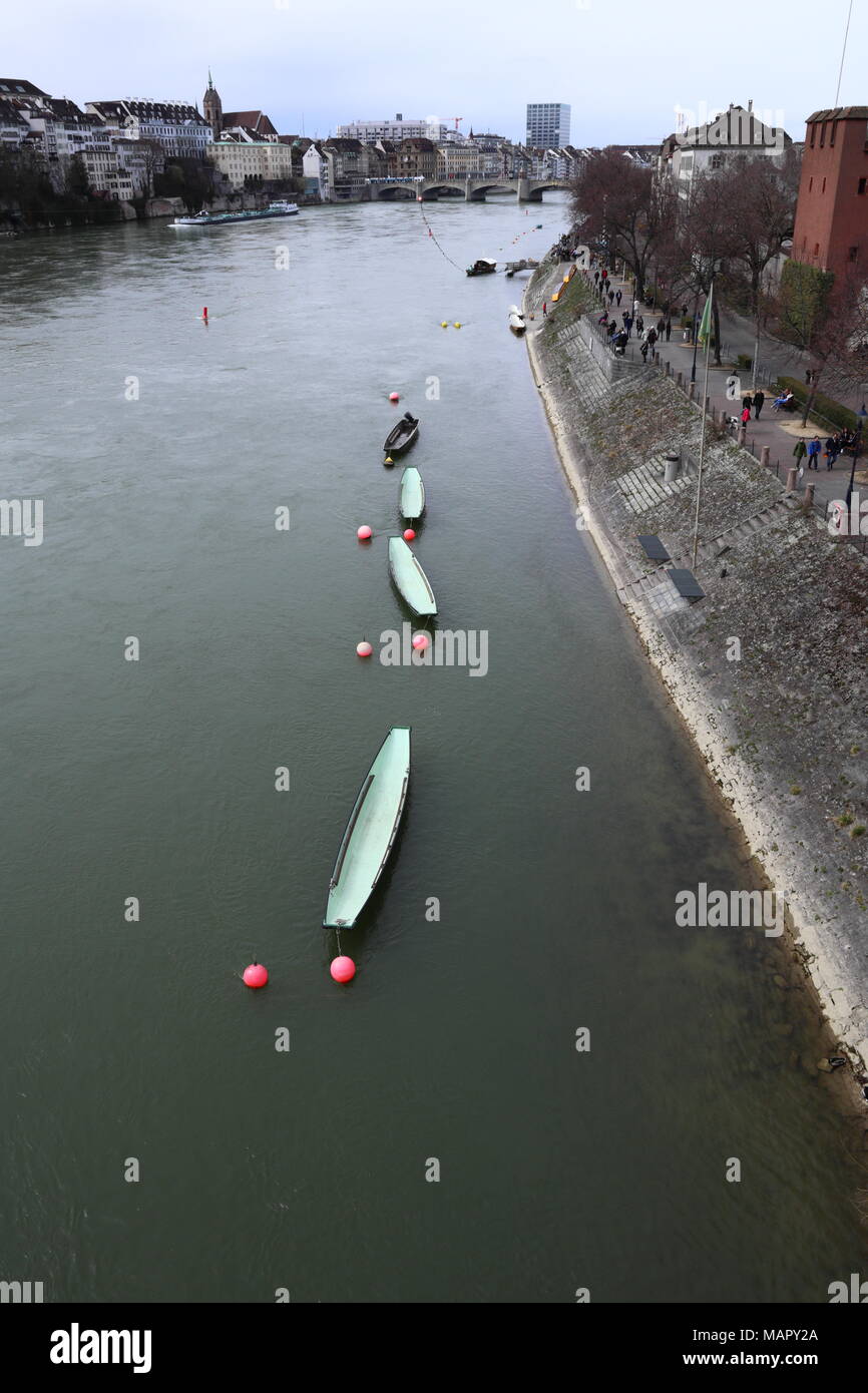 River Rhine in Basel, green boats and pink buoys, view from above Stock ...