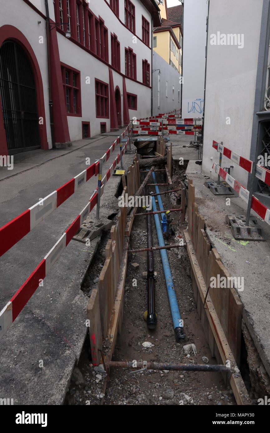 Maintenance work in old town, installing new pipes, street digged out ...