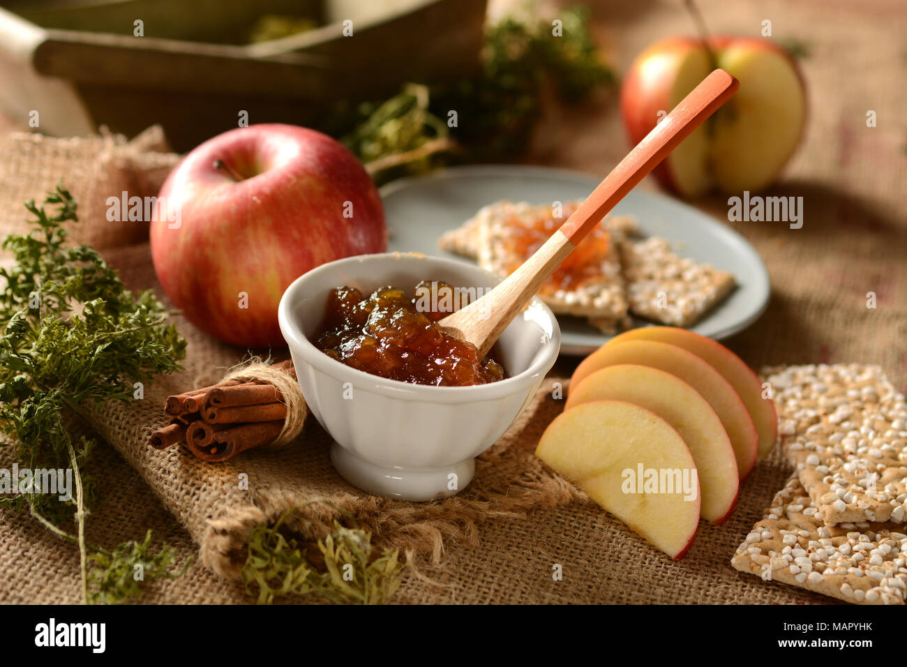 apple jam with fruit around - closeup Stock Photo - Alamy
