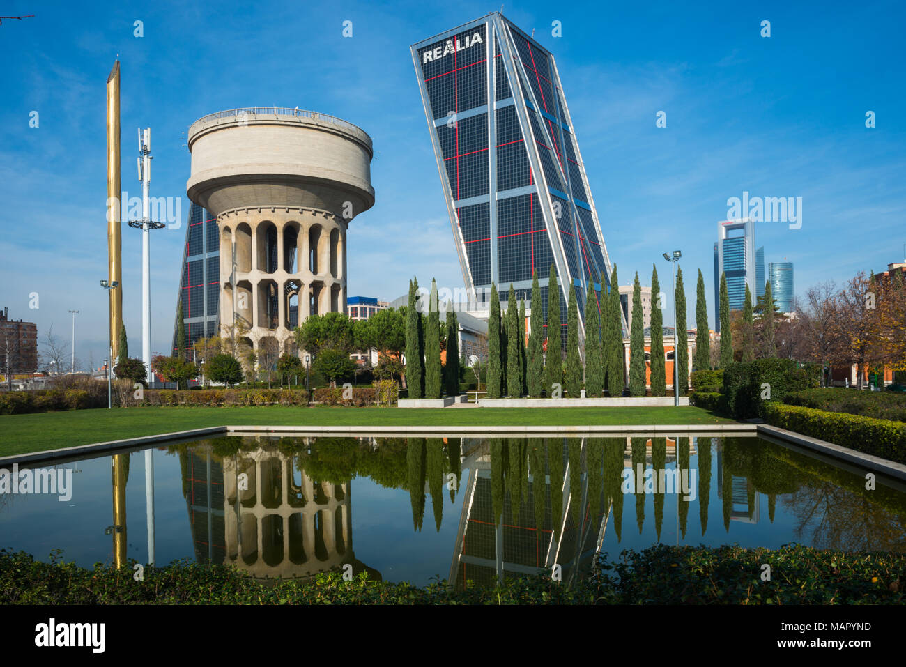 Parque Cuarto Deposito with Kio towers, Madrid, Spain, Europe Stock ...