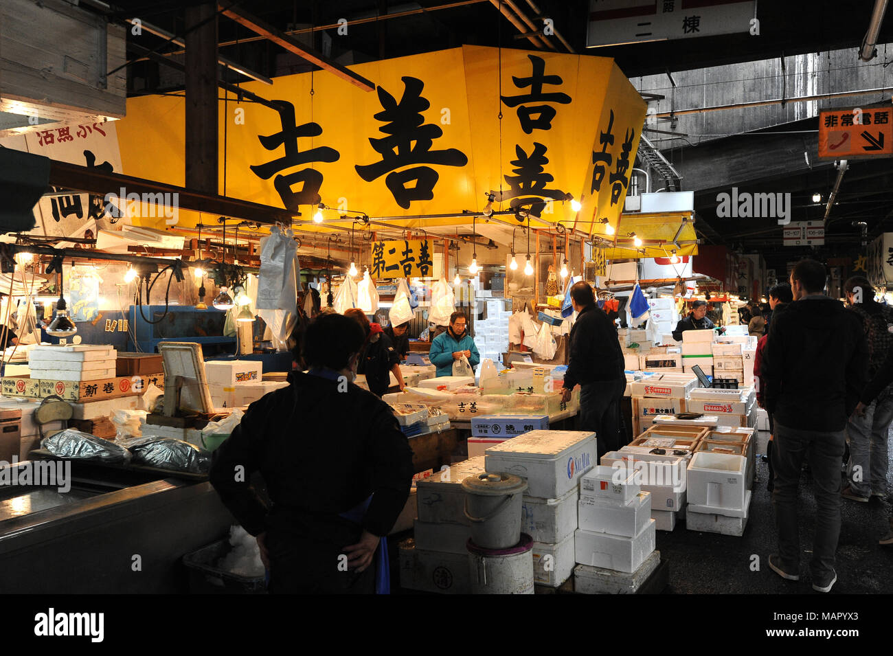 Trading in the early morning in the inner market of Tsukiji Shijo, the ...