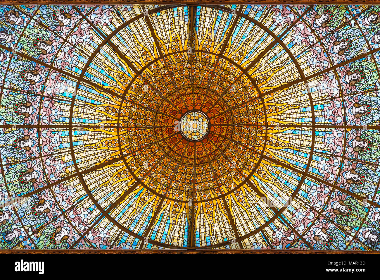 Stained glass skylight in Palace of Catalan Music (Palau de la Musica ...
