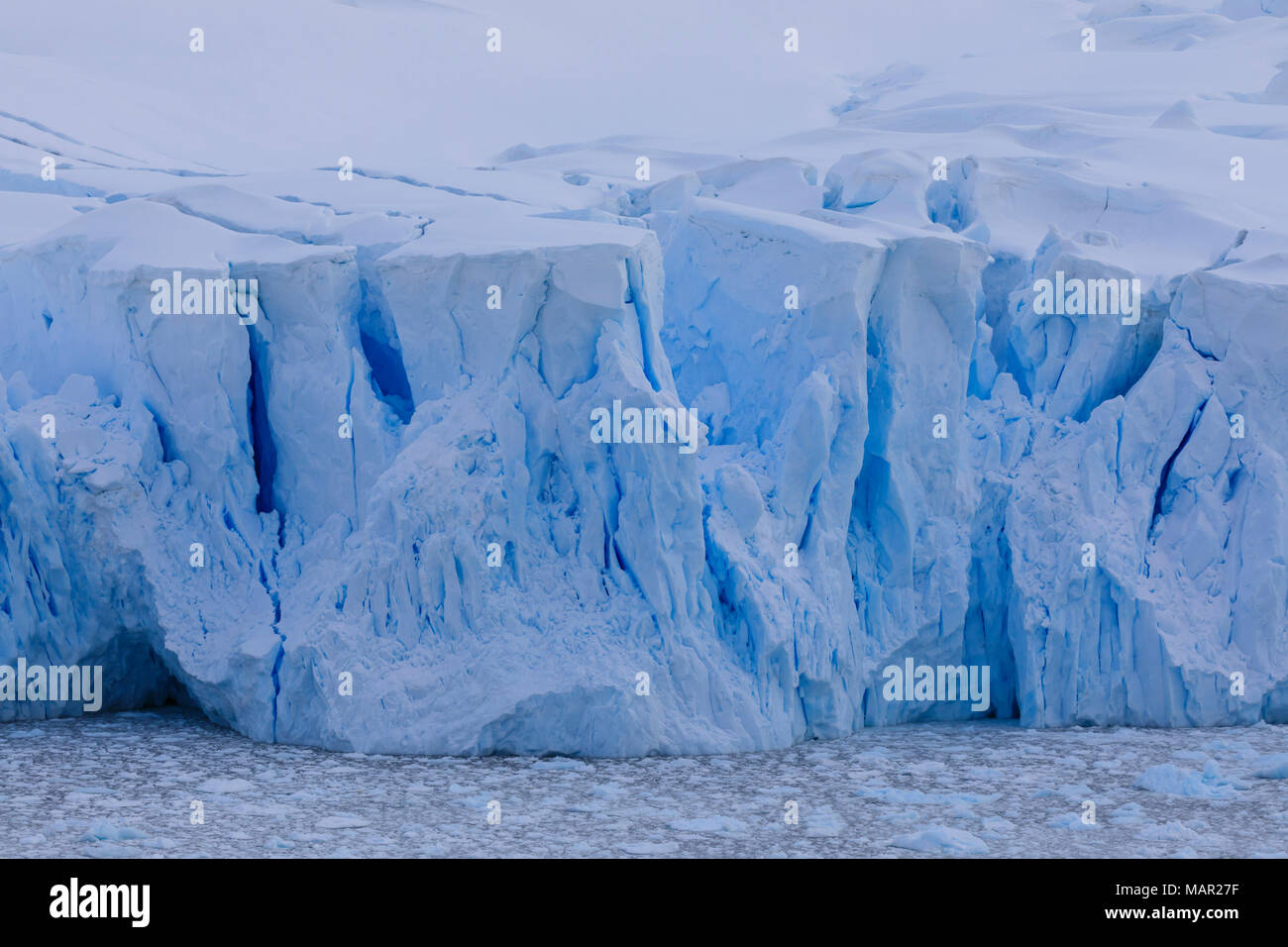 Blue glacier overlook, with crevasses and brash ice filled bay, early ...