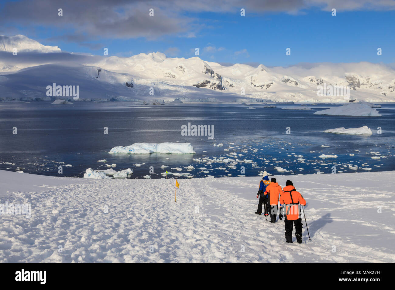 Expedition ship passengers trek above the sea, early morning, sunny day ...