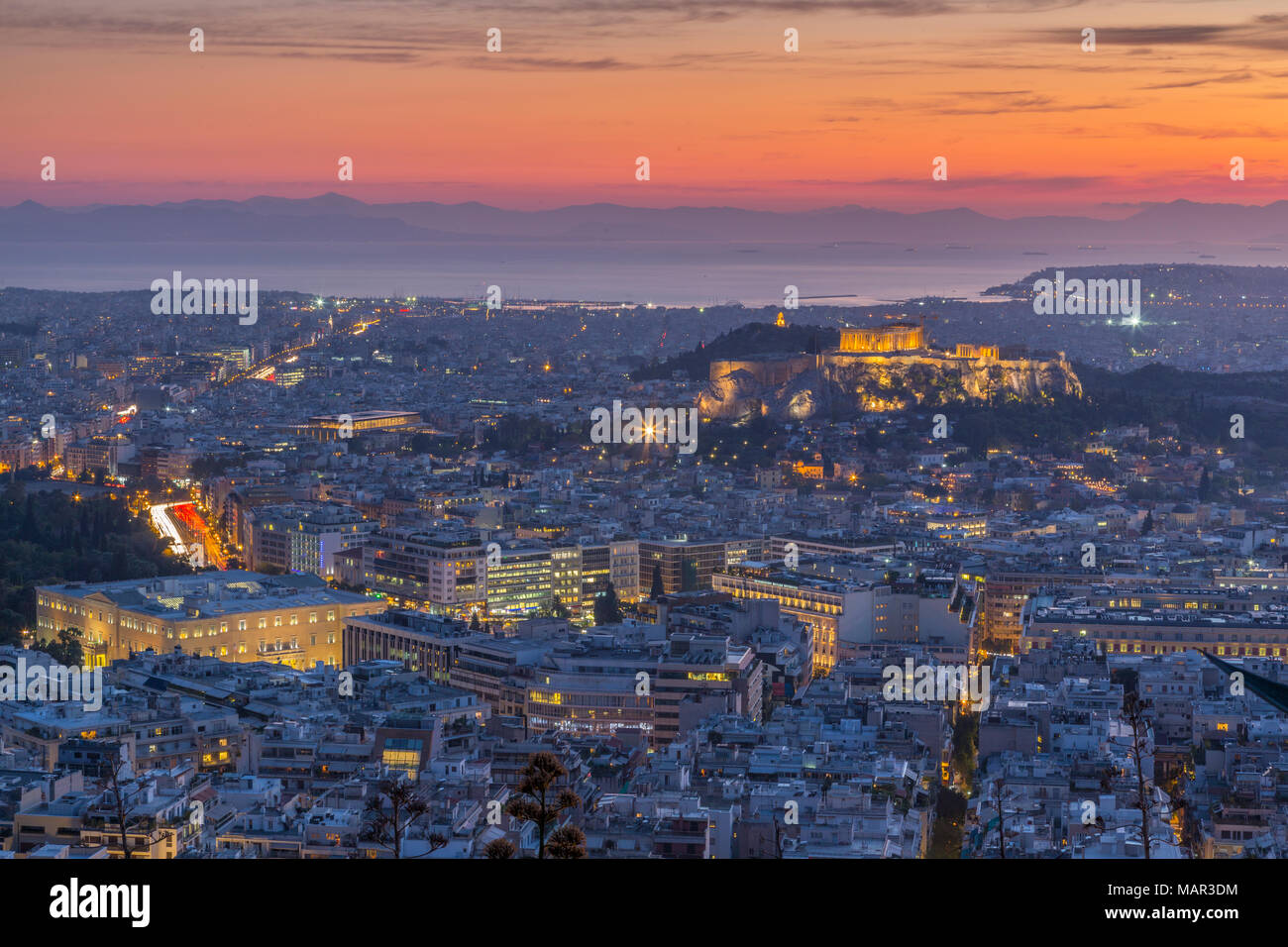 View of Athens and The Acropolis from Likavitos Hill and Aegean Sea ...