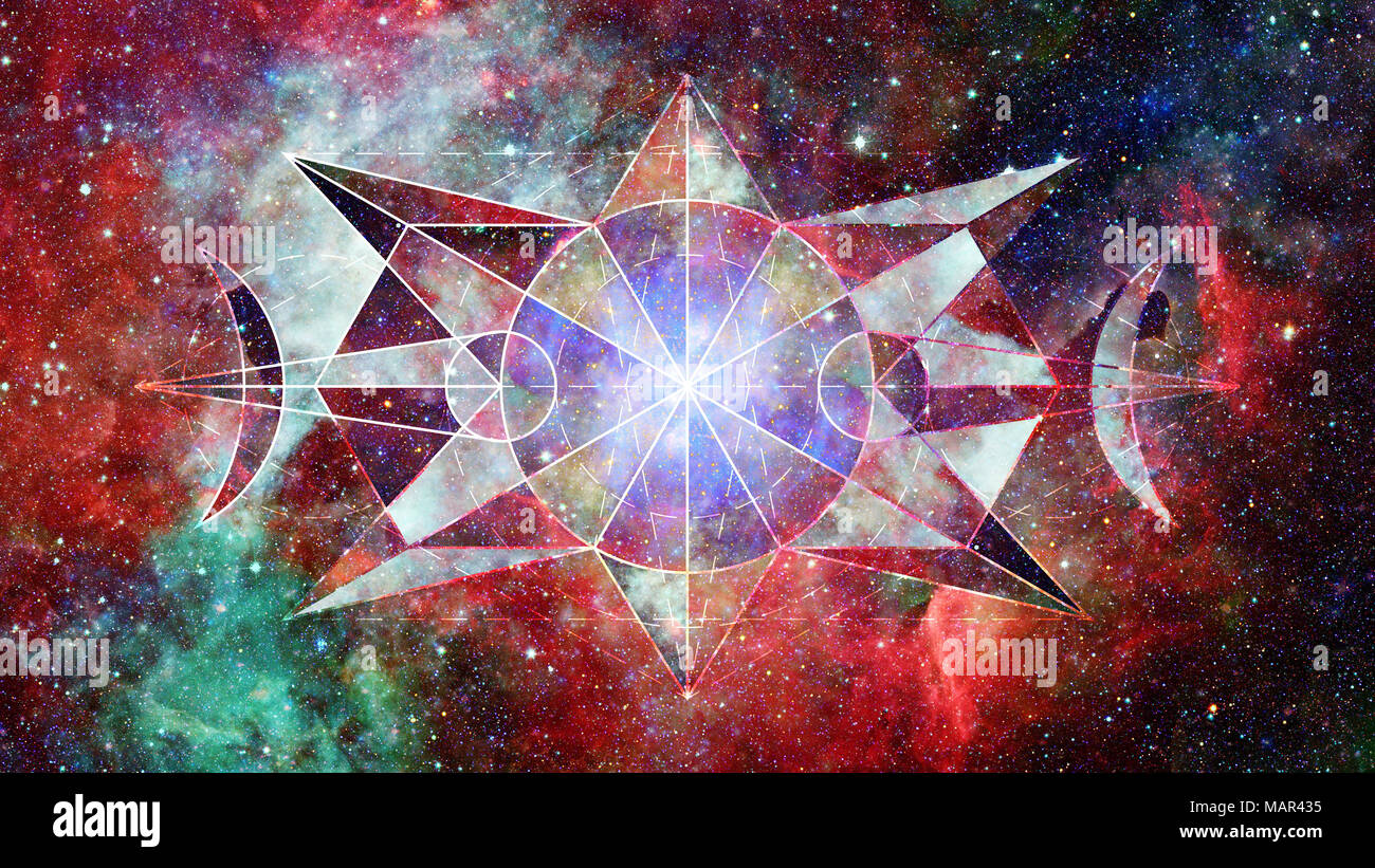 Abstract cosmos geometric background with polygons, triangles, stars ...