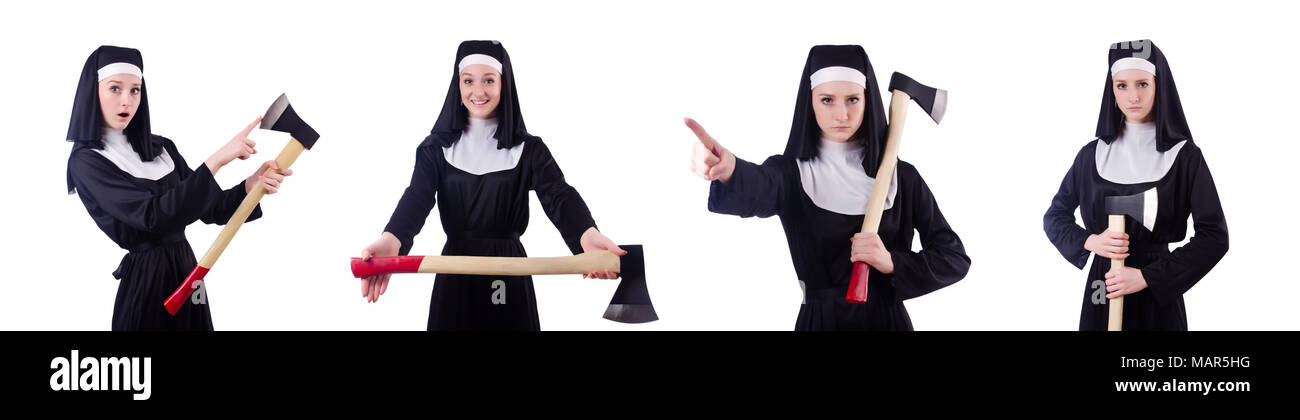 Nun with axe isolated on white Stock Photo - Alamy