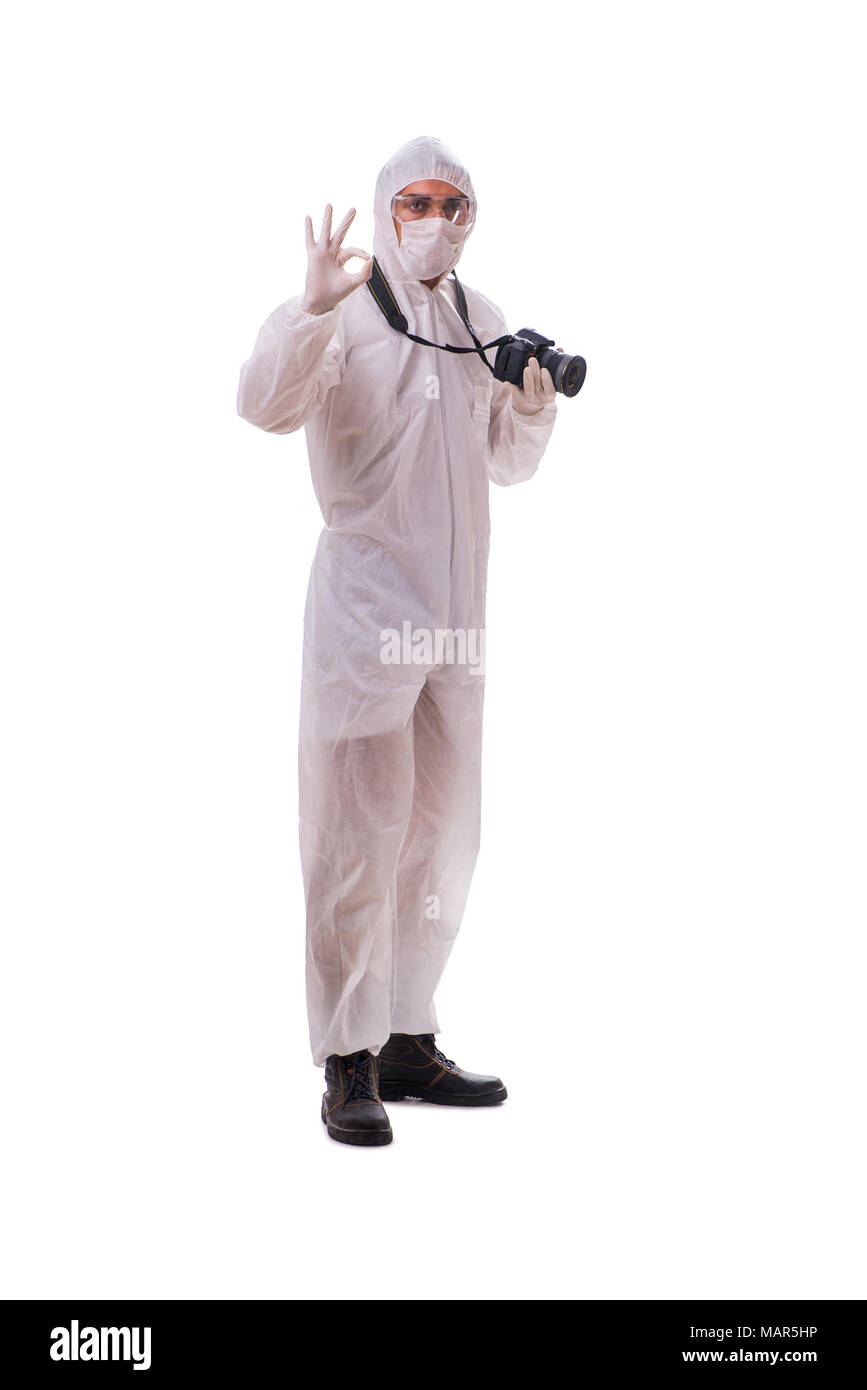 Forensic specialist in protective suit taking photos on white Stock ...