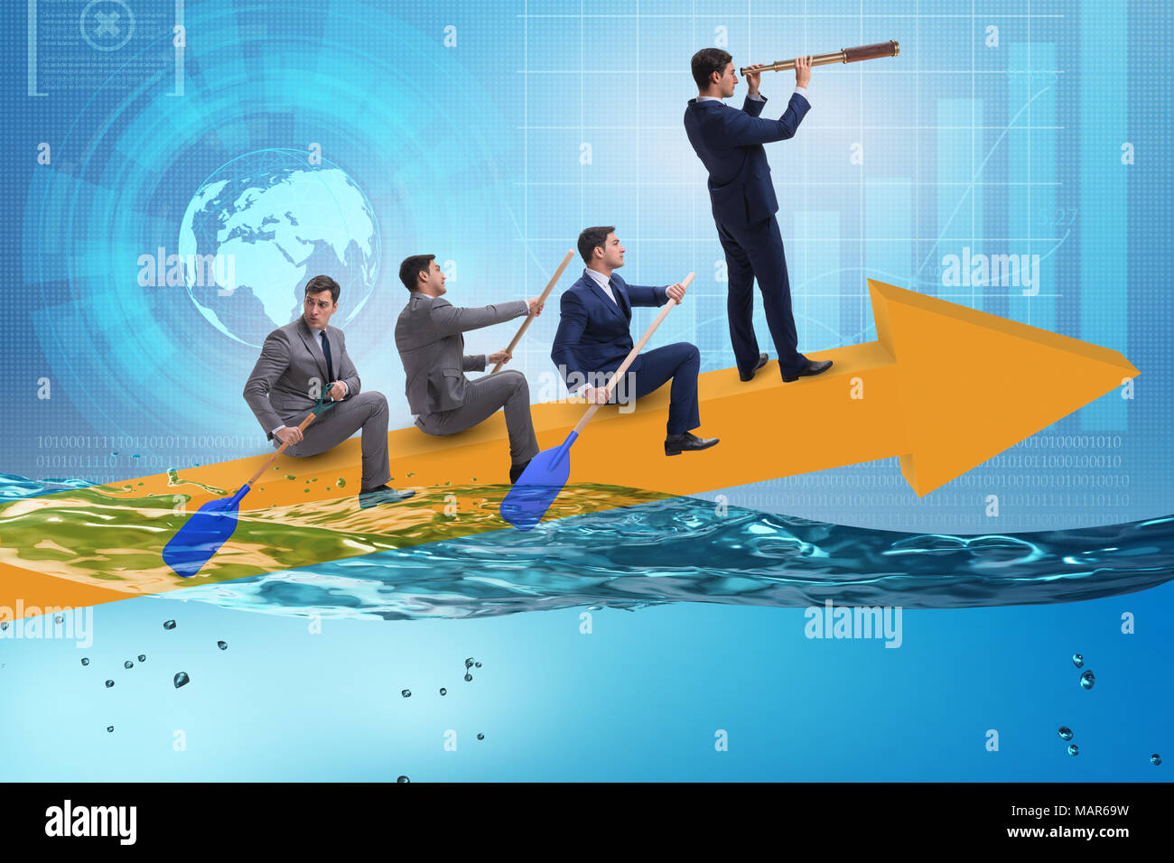 Teamwork concept with businessmen on boat Stock Photo - Alamy