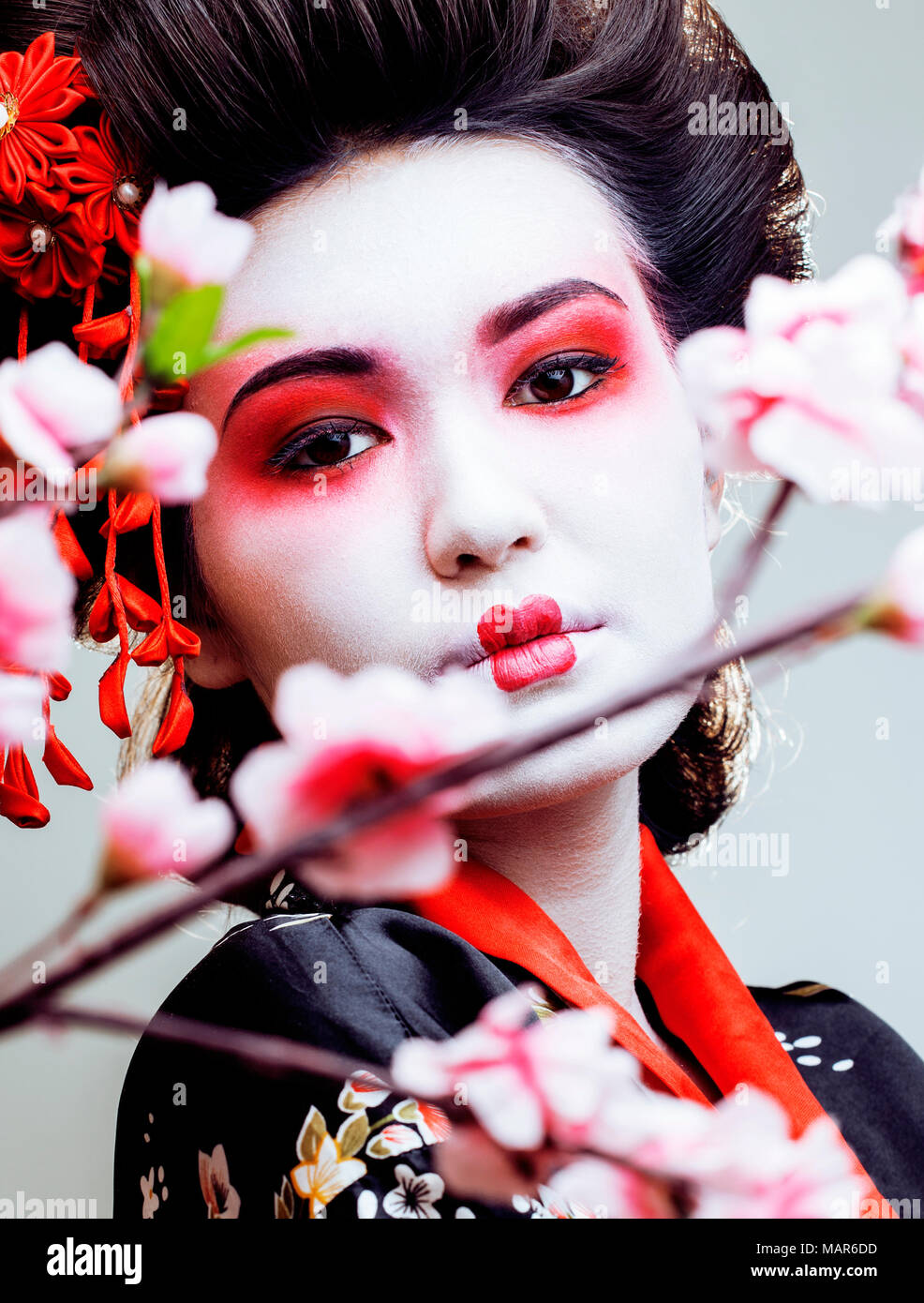 young pretty geisha in black kimono among sakura, asian ethno Stock ...