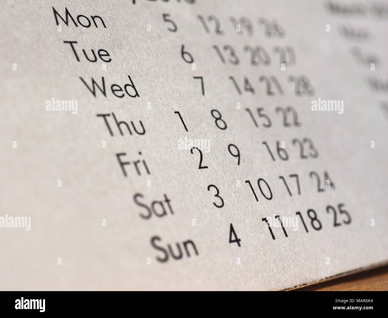 detail of a calendar page with dates Stock Photo - Alamy