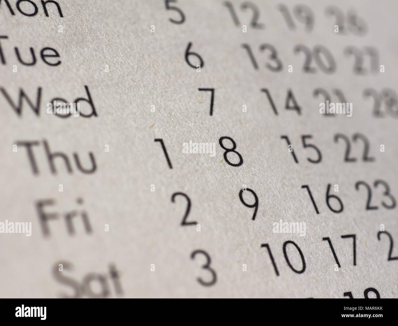 detail of a calendar page with dates Stock Photo - Alamy