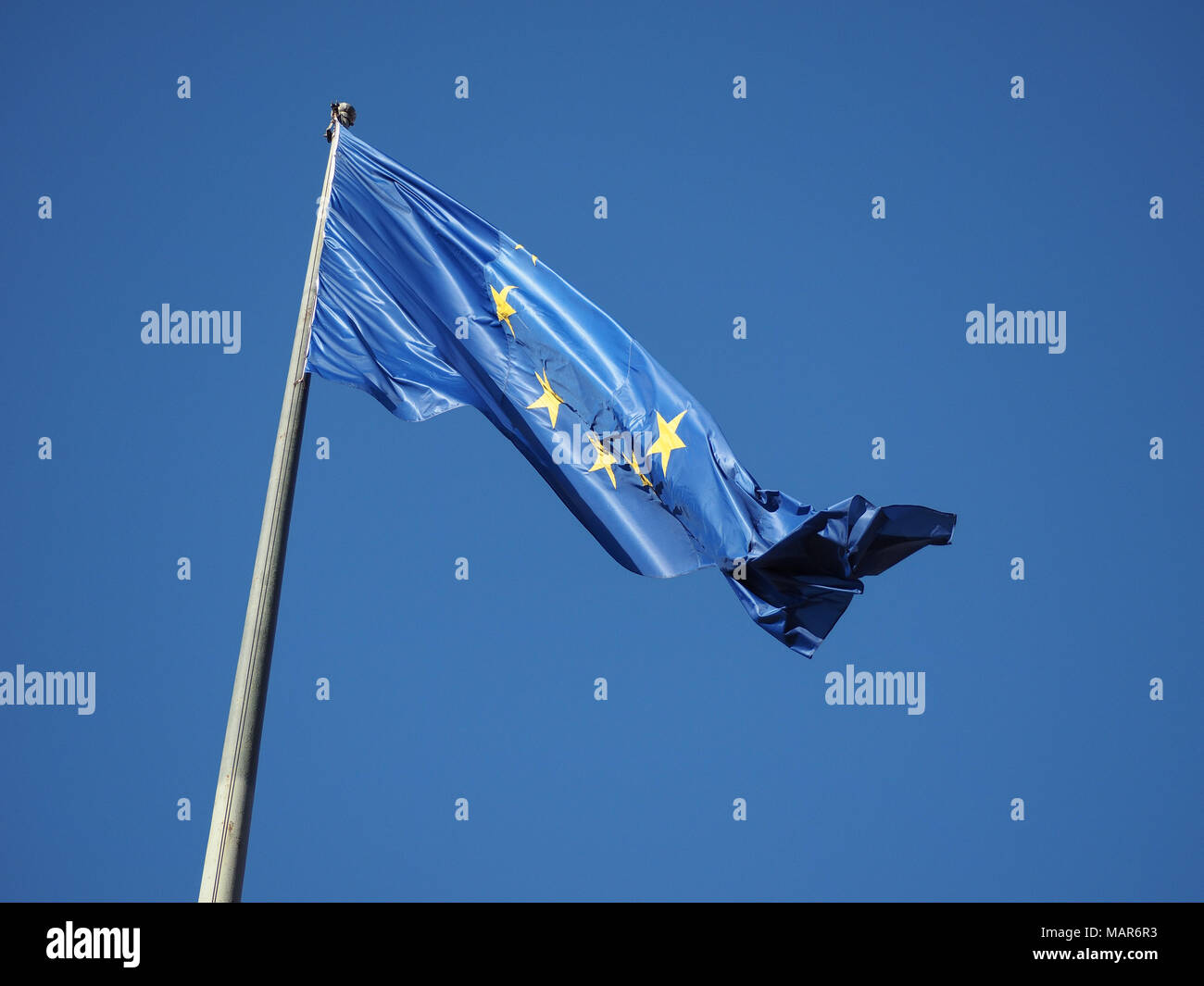 flag of the European Union (EU) aka Europe over blue sky Stock Photo ...