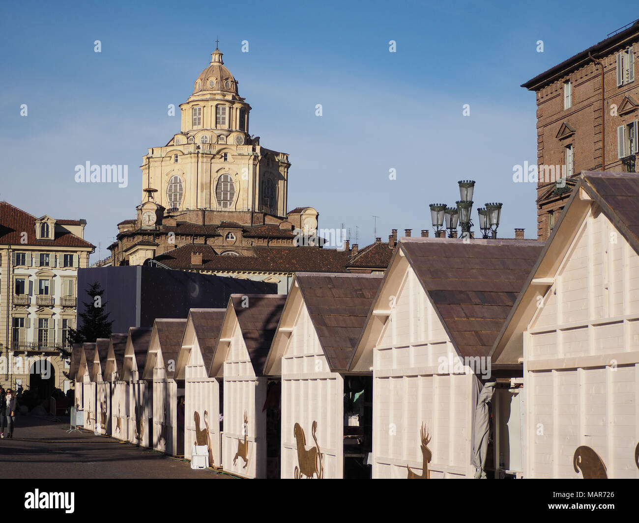 TURIN, ITALY - CIRCA JANUARY 2018: Christmas market in Piazza Castello ...