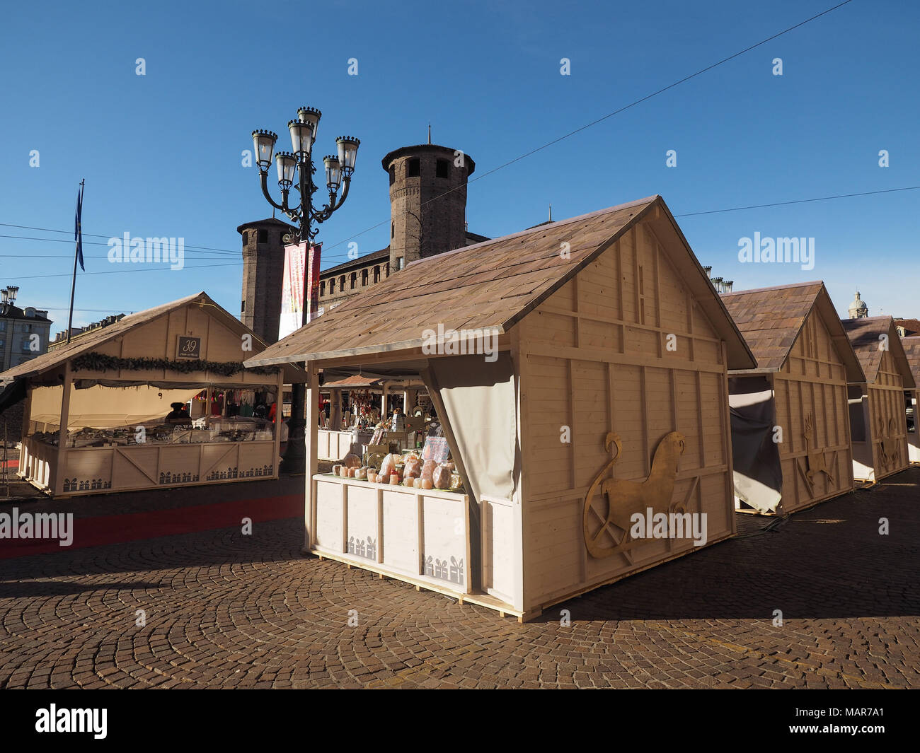 TURIN, ITALY - CIRCA JANUARY 2018: Christmas market in Piazza Castello ...