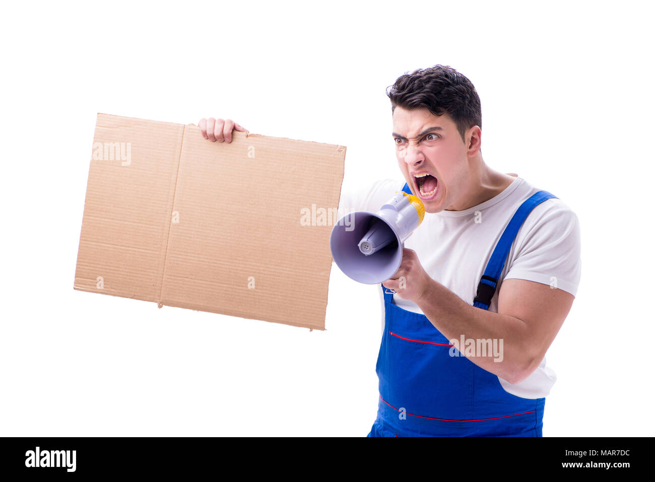 Angry construction supervisor yelling with loudspeaker Stock Photo - Alamy