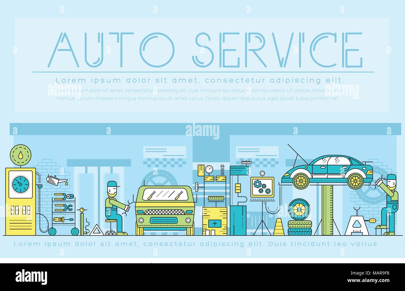 auto service landscape concept. Thin line icons with flat background ...