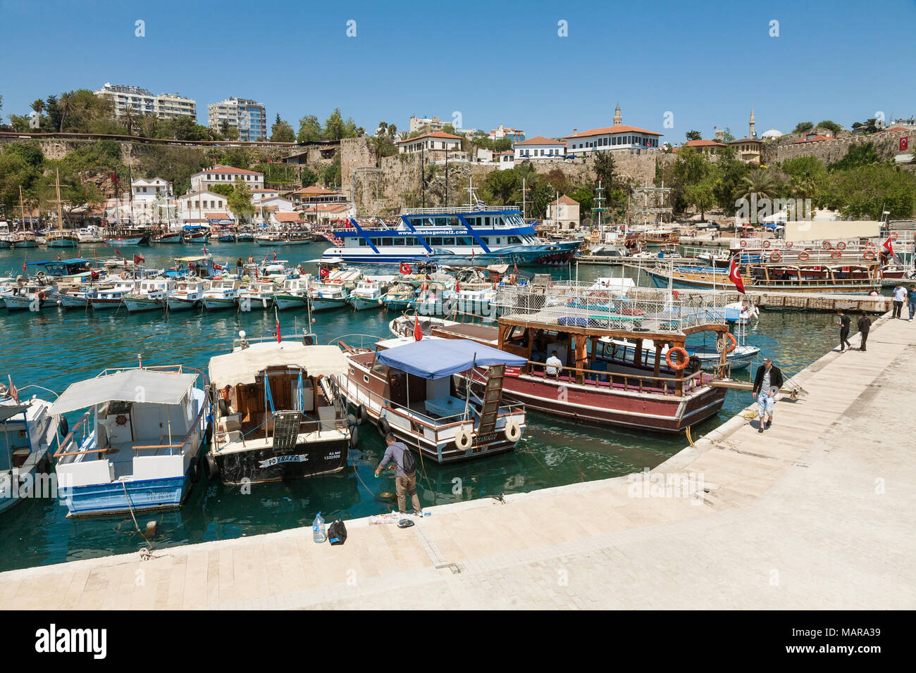 Antalya, Turkey - april 24, 2012: Boats in a harbour of Old town ...