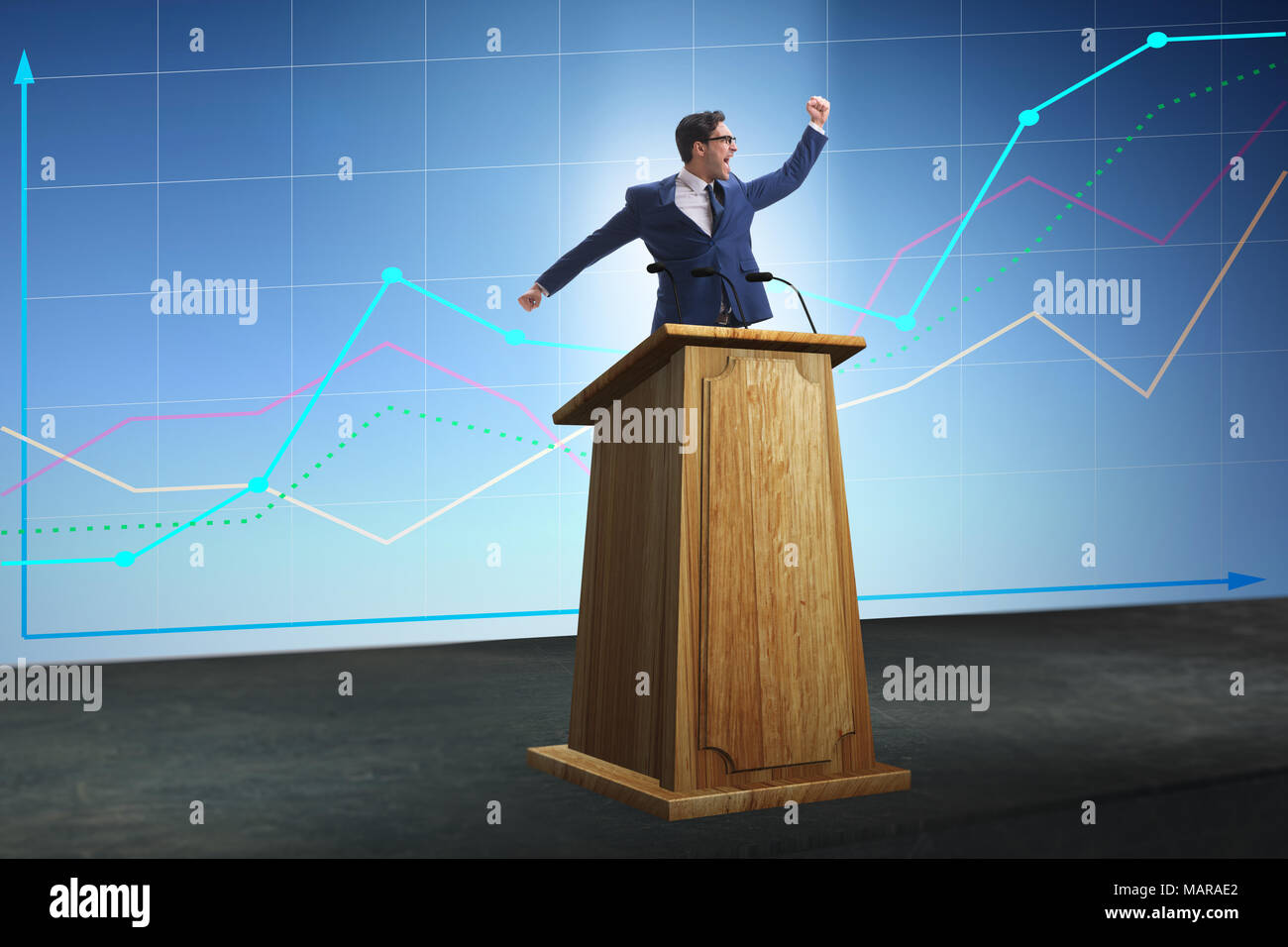 Man businessman making speech at rostrum in business concept Stock ...