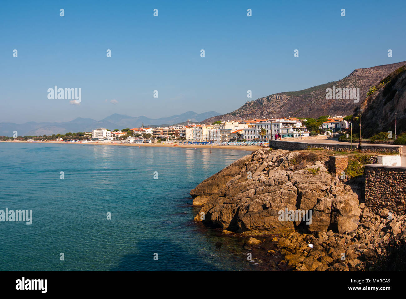 A view of the village of Sperlonga, Italy. Sperlonga is a coastal town ...
