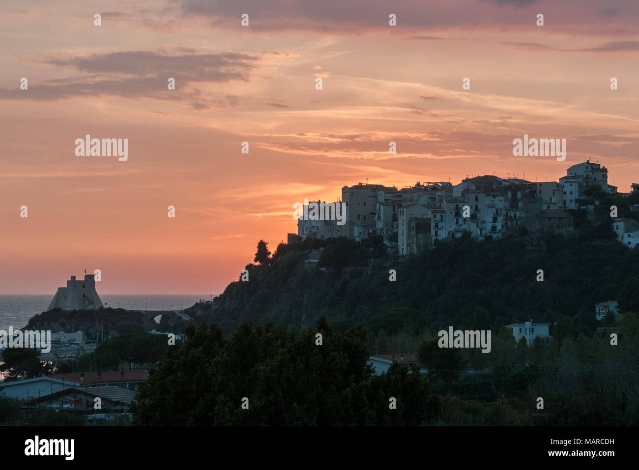 A view of the village of Sperlonga during sunset, Italy. Sperlonga is a ...